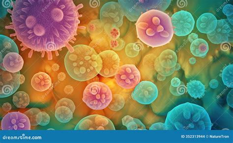 Microscopic Cellular World A Vivid Depiction Of Cell Structures And Interactions Stock