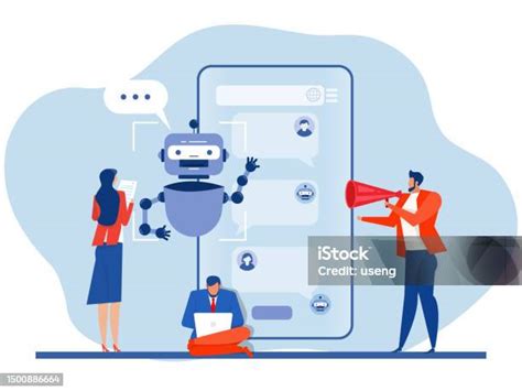 로봇과 채팅하는 스마트폰의 챗봇 인공지능 채팅 서비스 Ai 기술 개념 벡터 일러스트레이터 인공지능에 대한 스톡 벡터 아트 및 기타 이미지 인공지능 서비스 여자