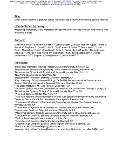 Pdf Diverse Transcriptomic Signatures Across Human Tissues Identify Functional Rare Genetic
