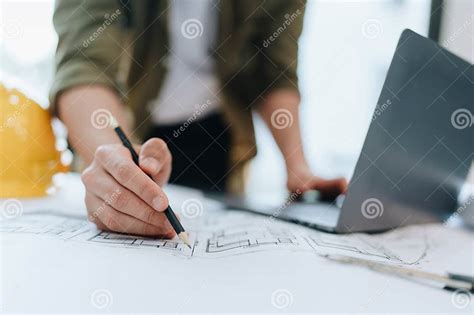 Engineering Department With Work Design Structure Building Or House Using Blueprint Computer At