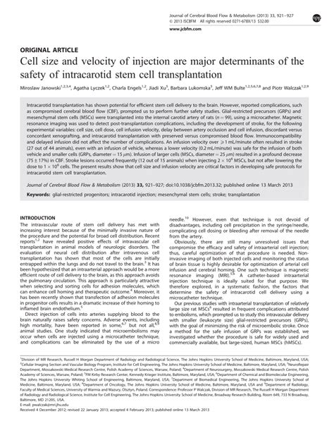 Pdf Cell Size And Velocity Of Injection Are Major Determinants Of The Safety Of Intracarotid