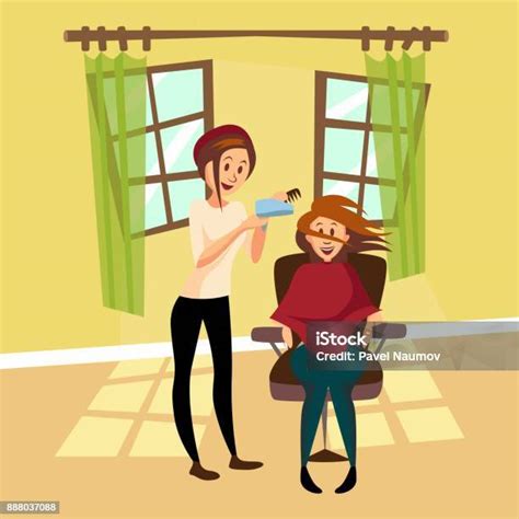 미용실 여자 머리 빗 고 헤어 드라이어 직장 만화 벡터 일러스트 레이 션에 이발소 전문 헤어 스타일 리스트에 그녀의 클라이언트에