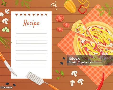 식사 준비 벡터 일러스트에 대한 메모를 만들기위한 피자 조리법 빈 카드 또는 시트 템플릿 건강한 식생활에 대한 스톡 벡터 아트 및 기타 이미지 건강한 식생활 독일