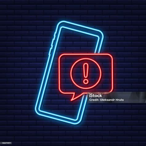 경고 메시지 모바일 알림 네온 사인 위험 오류 경고 스마트폰 바이러스 문제 또는 안전하지 않은 메시징 스팸 문제 알림 벡터 스톡 일러스트레이션 네온에 대한 스톡 벡터 아트