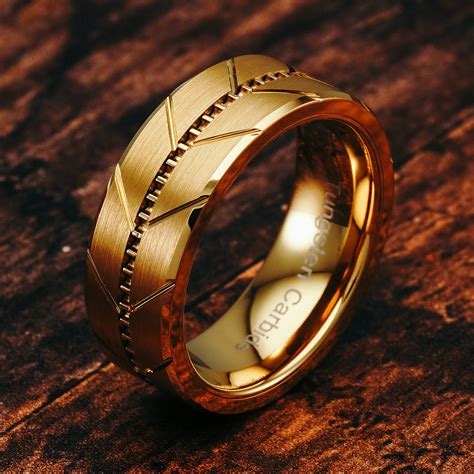 Tungsten Carbide Rings For Men Gold Wedding Bands Milgrain Style