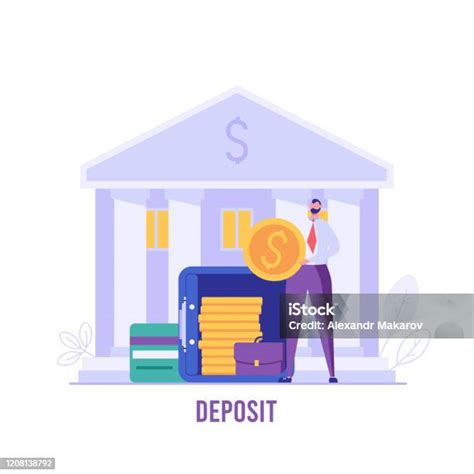 성공한 남자는 동전과 신용 카드로 보증금 금고에 돈을 넣습니다 은행 은행 예금 은행 보안 및 안전의 개념 Ui 웹 배너 모바일 앱에 대한 평면 디자인벡터 일러스트레이션