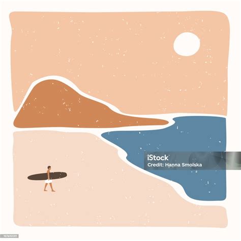 서핑 보드를 든 혼자 남자가 해변을 따라 걷는다 현대적인 풍경 바다 해변 자연으로 돌아갑니다 추상적인 실루엣 언덕 미적 산 스톡 벡터 그림입니다 바다에 대한 스톡 벡터 아트
