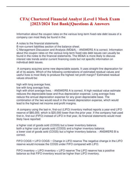 Cfa Chartered Financial Analyst Level I Mock Exam 2023 2024 Test Bank Questions And Answers