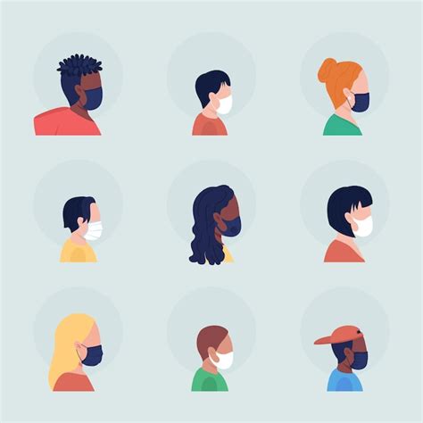 마스크 세트가 있는 세미 플랫 컬러 벡터 캐릭터 아바타에 있는 다른 사람들 측면에서 인공 호흡기와 초상화입니다 그래픽 디자인 및 애니메이션 팩을 위한 격리된 현대 만화