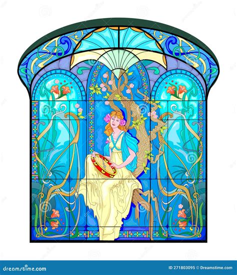 Colorful Art Nouveau Stained Glass Window Illustration Of Beautiful Girl Playing Tambourine