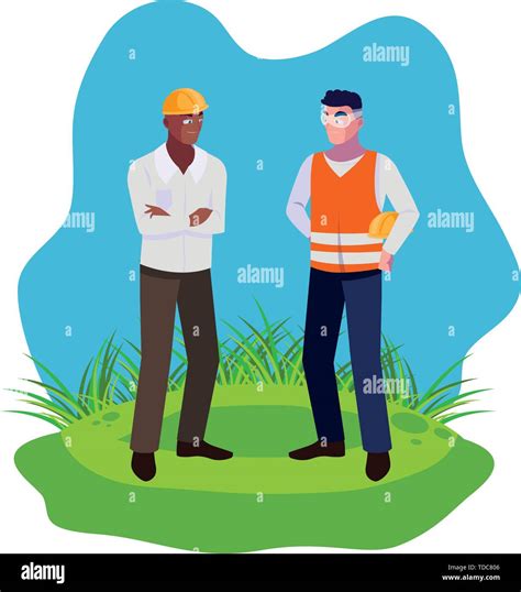 Interracial Male Builders Constructors On The Lawn Vector Illustration