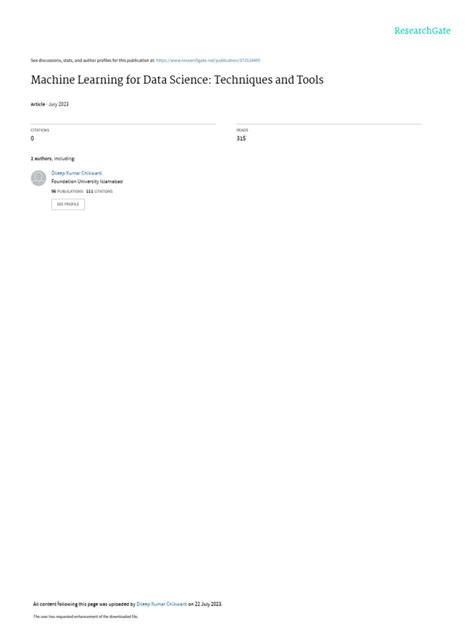 Machine Learning For Data Science Techniques And Tools July 2023