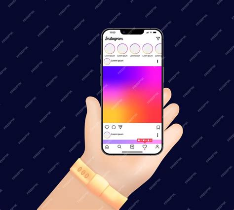 손에 Instagram 화면 소셜 미디어 소셜 네트워크 인터페이스 템플릿 Instagram 모형 Insta 사진 프레임 Stories Like Stream Editorial