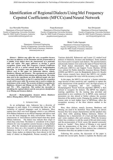 Pdf Identification Of Regional Dialects Using Mel Frequency Cepstral