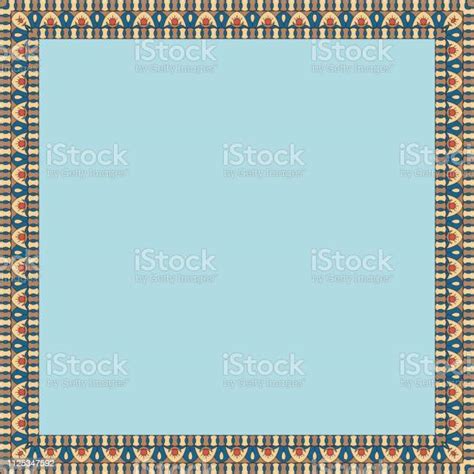 사각 민족 프레임입니다 텍스트를 위한 빈 공간입니다 빈티지 포스터입니다 파란색 배경에 화려한 요소입니다 0명에 대한 스톡 벡터