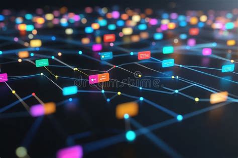 Digital Network With Colorful Nodes Representing Data Connections And Interactions Stock