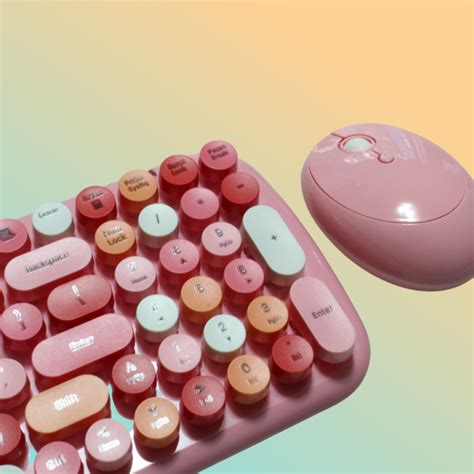 Mofii Pink Wireless Keyboard And Mouse Combo With Colorful Retro Style Typewriter Keyboard Round