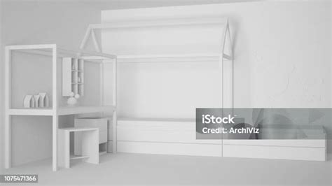 싱글 침대와 책상 미니 멀리즘 건축 인테리어 디자인 아이 침실의 총 화이트 프로젝트 집 내부에 대한 스톡 사진 및 기타 이미지