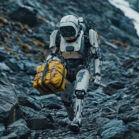 Robot Explorer Navigates Rugged Terrain With Sturdy Backpack Stock Image Image Of