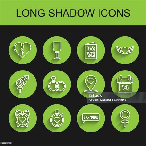 센터 알람 시계 스톱워치 깨진 심장이나 이혼 내가 당신을 사랑하는 음성 거품 여성 성별 기호 결혼 반지 달력 2 월 14 및지도 포인터 아이콘에 세트 라인 하트 벡터 0명에