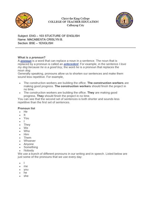 English 103 Assignment Pdf Pronoun Grammatical Gender