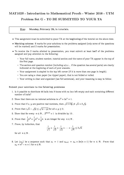 Problem Set G MAT S Introduction To Mathematical Proofs Winter UTM Problem Set G