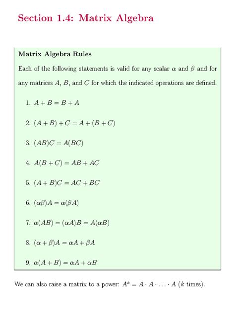 Section 1 Practice Questions Section 1 Matrix Algebra Matrix Algebra Rules Each Of The
