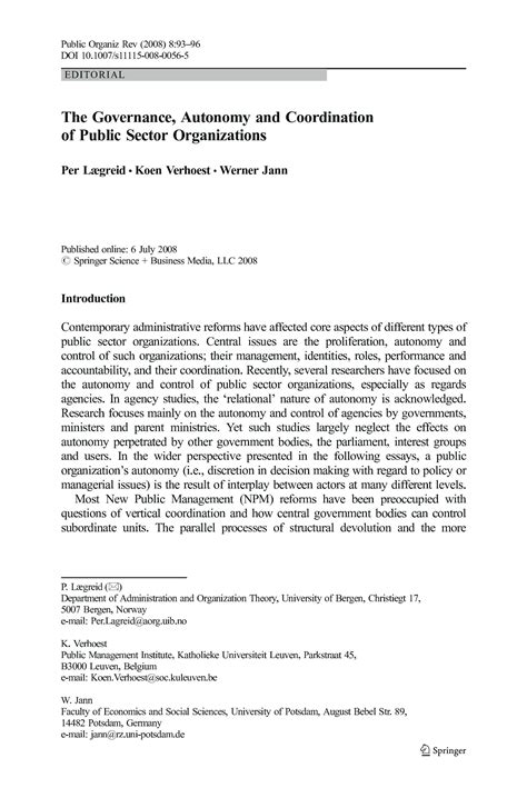 Solution Laegreid Et Al 2008 The Governance Autonomy Coordination Of