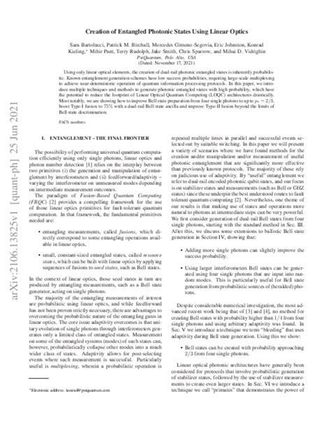Pdf Creation Of Entangled Photonic States Using Linear Optics