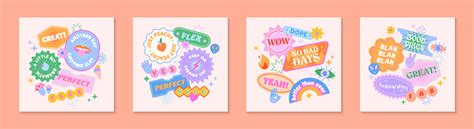 90년대 스타일의 패치와 스티커가 있는 귀여운 배경 벡터 세트 강렬하고 밝은 색상에 대한 스톡 벡터 아트 및 기타 이미지 강렬하고 밝은 색상 개념 개체 그룹 Istock