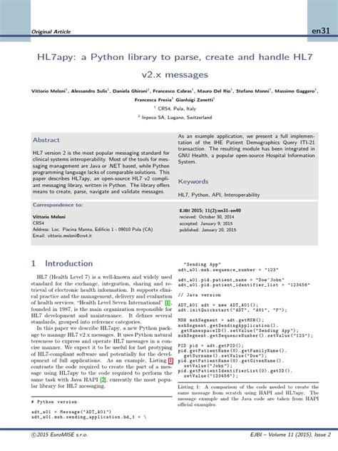 Hl7apy A Python Library To Parse Create And Handle Hl7 V2x Messages Pdf Parsing