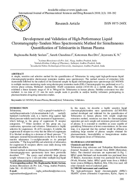Pdf Development And Validation Of High Performance Liquid Chromatography Tandem Mass