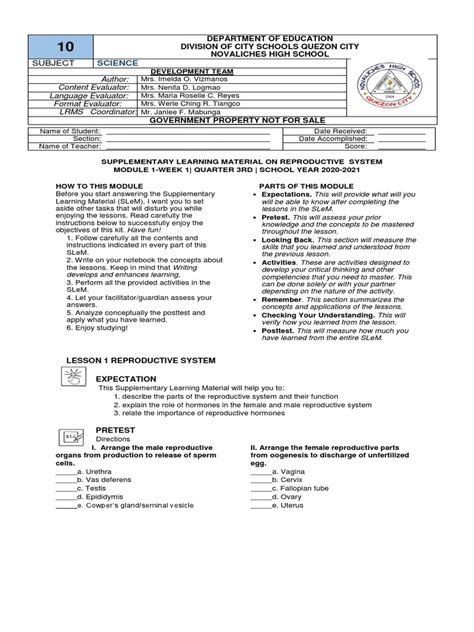 Science 10 Q3 W1 Pdf Reproductive System Luteinizing Hormone