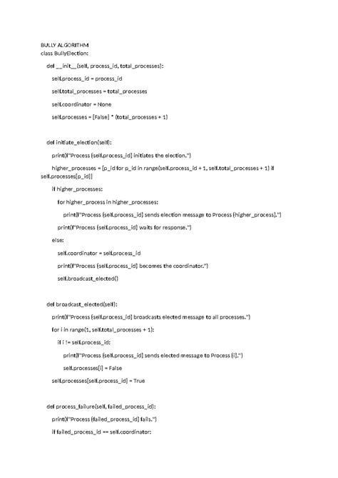 Bully Algorithm Bully Algorithm Class Bullyelection Def Initself Processid Total