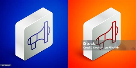 파란색과 주황색 배경에 격리된 등분성 라인 메가폰 아이콘입니다 스피커 기호입니다 실버 스퀘어 버튼 벡터 개념에 대한 스톡 벡터 아트 및 기타 이미지 Istock