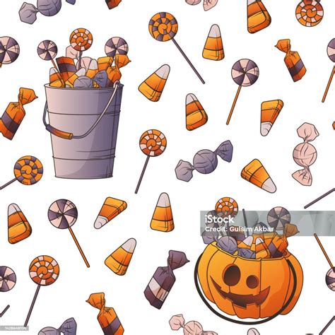 호박에서 할로윈 바구니의 삽화와 벡터 원활한 패턴 과자를 곁들인 통 할로윈 사탕 롤리팝 10월에 대한 스톡 벡터 아트 및 기타 이미지 Istock