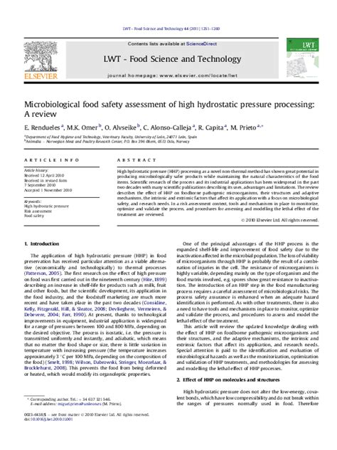 Pdf Microbiological Food Safety Assessment Of High Hydrostatic Pressure Processing A Review