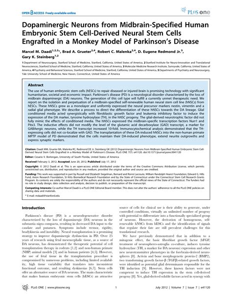 Pdf Dopaminergic Neurons From Midbrain Specified Human Embryonic Stem