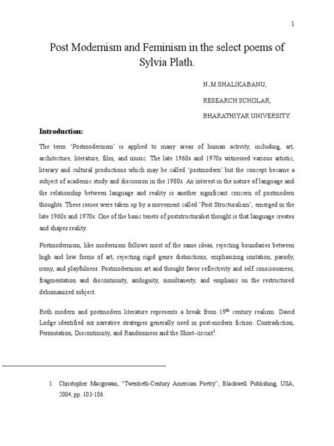 Post Modernism And Feminism In The Select Poems Sylvia Plath Pdf