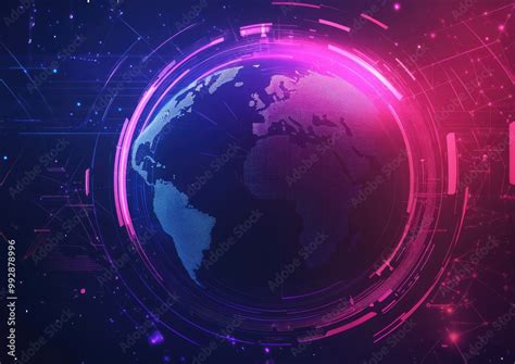 Global Technology Network Featuring A Circular Neon Light Effect In A 2d Cartoon Style
