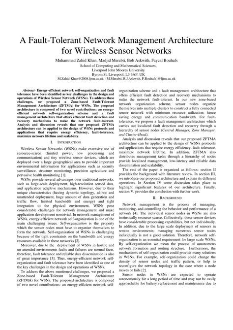 PDF A Fault Tolerant Network Management Architecture For Wireless Sensor Networks