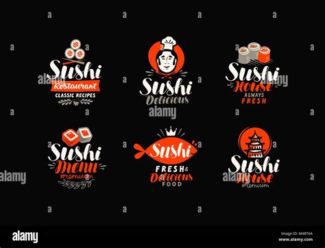 Sushi Logo Or Label Japanese Food Seafood Restaurant Typography Vector Illustration Stock