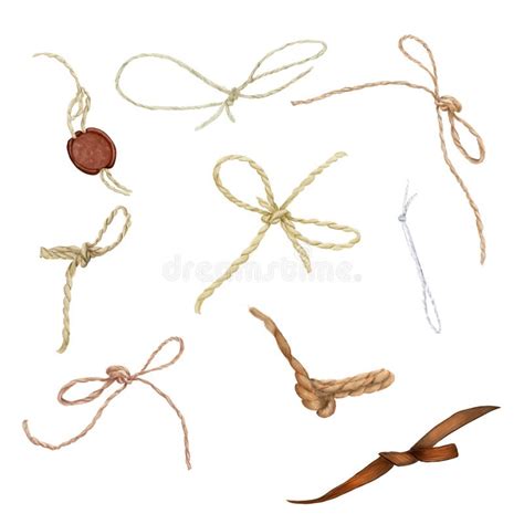 Rope Twine String Tied Bows And Rope Knots In Set Watercolor Digital Illustration Stock