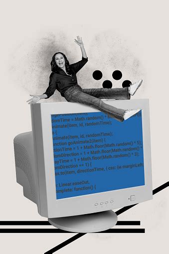 복합 트렌드 아트 워크 3d 스케치 이미지 사진 콜라주 흑백 늙은 여자가 앉아있는 거대한 구식 컴퓨터 모니터 흔들기 제스처 안녕 미소 65 69세에 대한 스톡 사진 및 기타