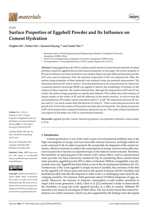 Pdf Surface Properties Of Eggshell Powder And Its Influence On Cement
