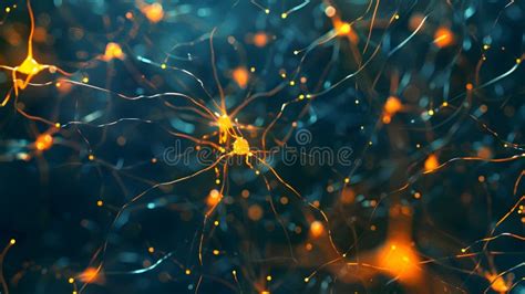 Abstract Neuron And Cell Network On Dark Blue And Orange Background Ai Generated Stock