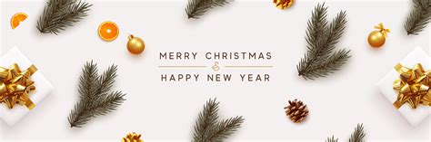 메리 크리스마스와 새해 복 많은 새해 배너 현실적인 축제 장식 디자인 요소와 Xmas 배경 소나무와 가문비 나무 가지 선물 상자 소나무 콘 오렌지 공 Bauble 플랫 레이