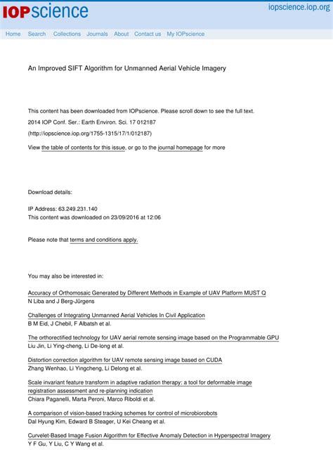 Pdf An Improved Sift Algorithm For Unmanned Aerial Vehicle Imagery