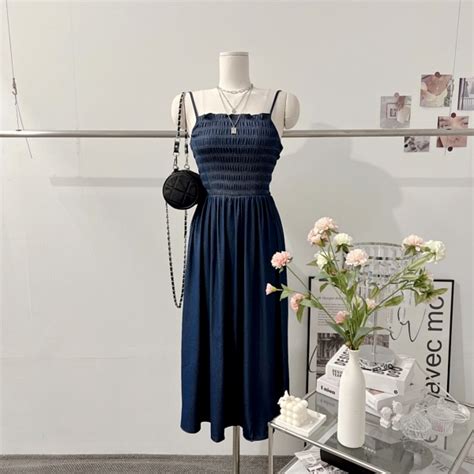 이프유마인 페미닌바캉스룩 여름 알렉스 데님 청 스퀘어넥 튜브탑 슬리브리스 밴딩 스모크 A라인 플레어 캉캉 슬립 뷔스티에 나시 롱 원피스