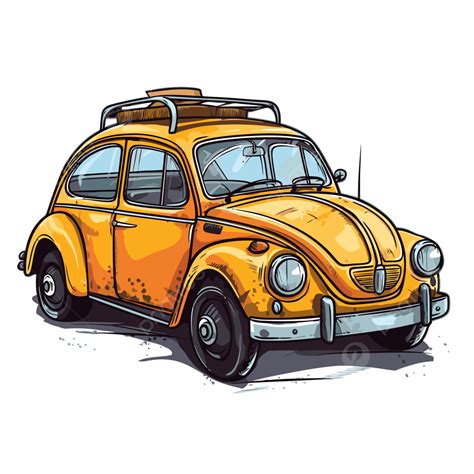 자동차 Png 벡터 스티커 클립 아트 흰색 배경 만화에 빈티지 레트로 노란색 폭스바겐 자동차 스케치 그림 상표 클립 아트